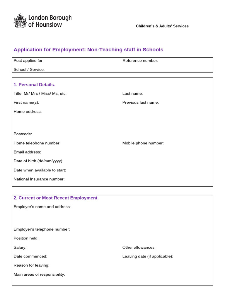 Application For Employment Form - Non-Teaching Staff | PDF