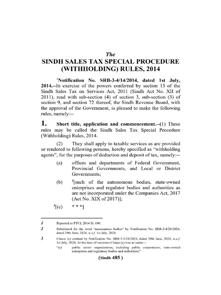 Sindh Sales Tax Special Procedure Withholding Rules 2014 Updated Upto 1st July 2024 EOE 4 | PDF