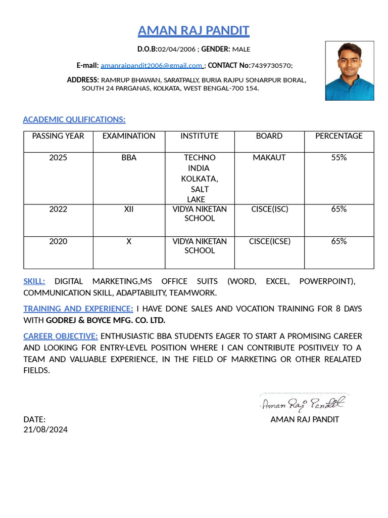 Aman Raj Pandit CV | PDF