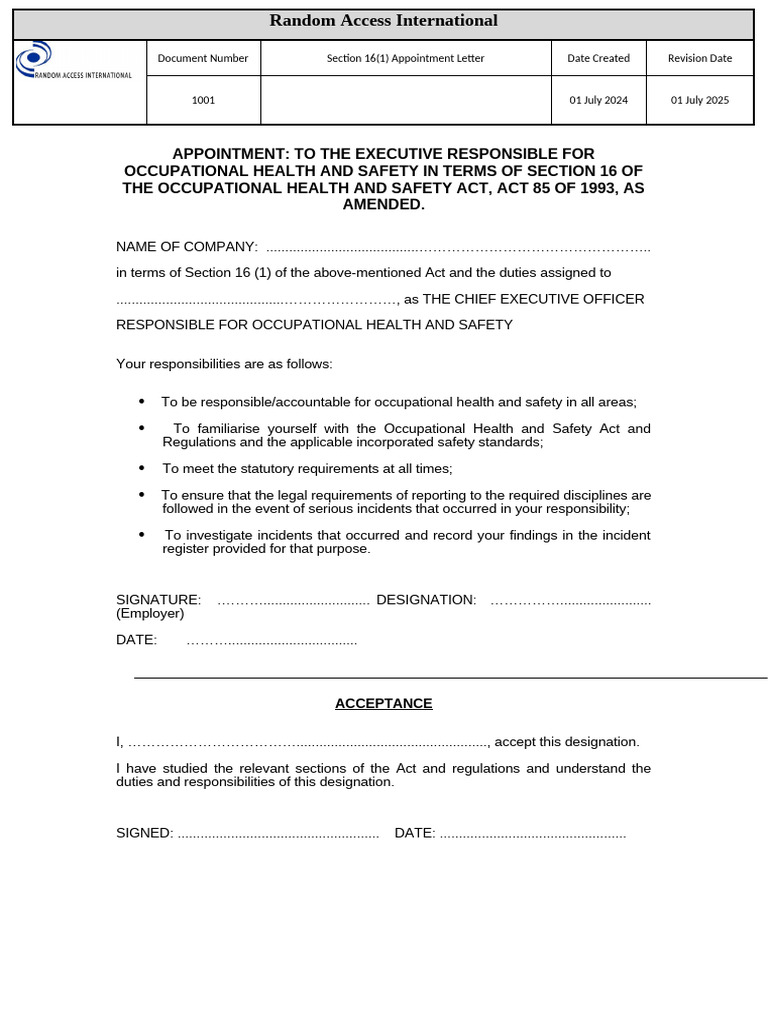 Appointment Letter. Sec 161 Appointee | PDF