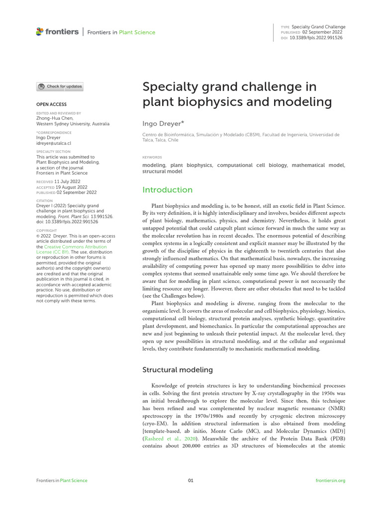 Specialty Grand Challenge in Plant Biophysics and Modeling | PDF ...