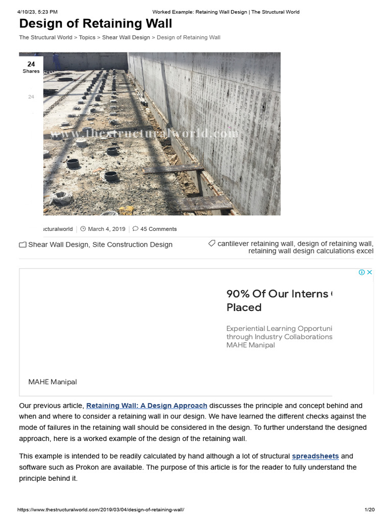 Worked Example - Retaining Wall Design - The Structural World | PDF | Weight | Applied And ...