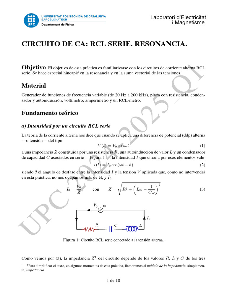 Circuitos RCL Serie: Resonancia y Medición | PDF | Impedancia eléctrica | Resistencia Eléctrica ...