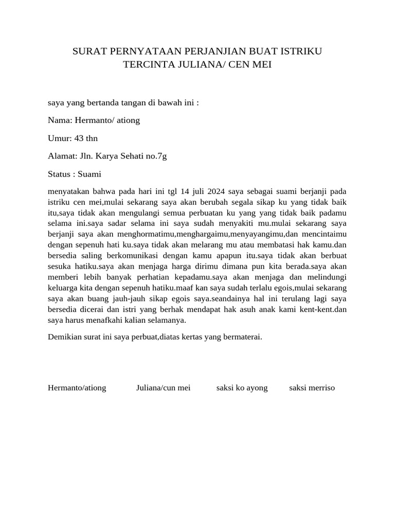 Surat Pernyataan Perjanjian Buat Istriku Tercinta Juliana | PDF