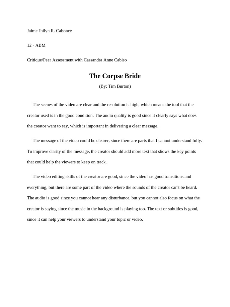 Critique Paper of The Corpse Bride | PDF