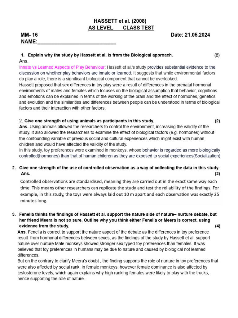 Hassett Et Al. Test Answers | PDF | Psychology | Behavioural Sciences