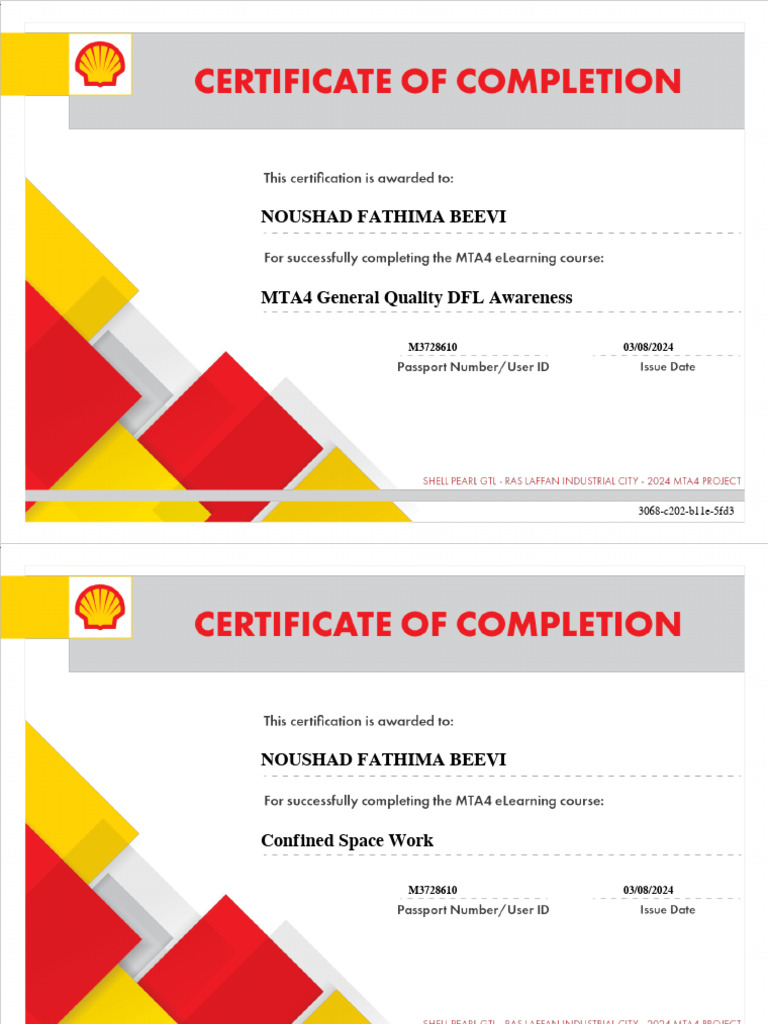 Mta Shell Shutdown Training Completion Certificates | PDF