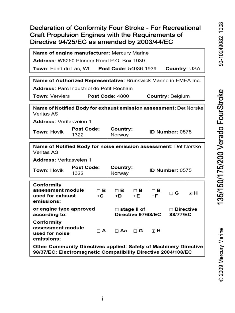 Declaration of Conformity Four Stroke For Recreational Craft Propulsion ...