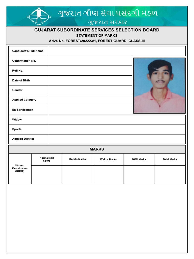Gujarat Subordinate Services Selection Board: Statement of Marks Advt ...