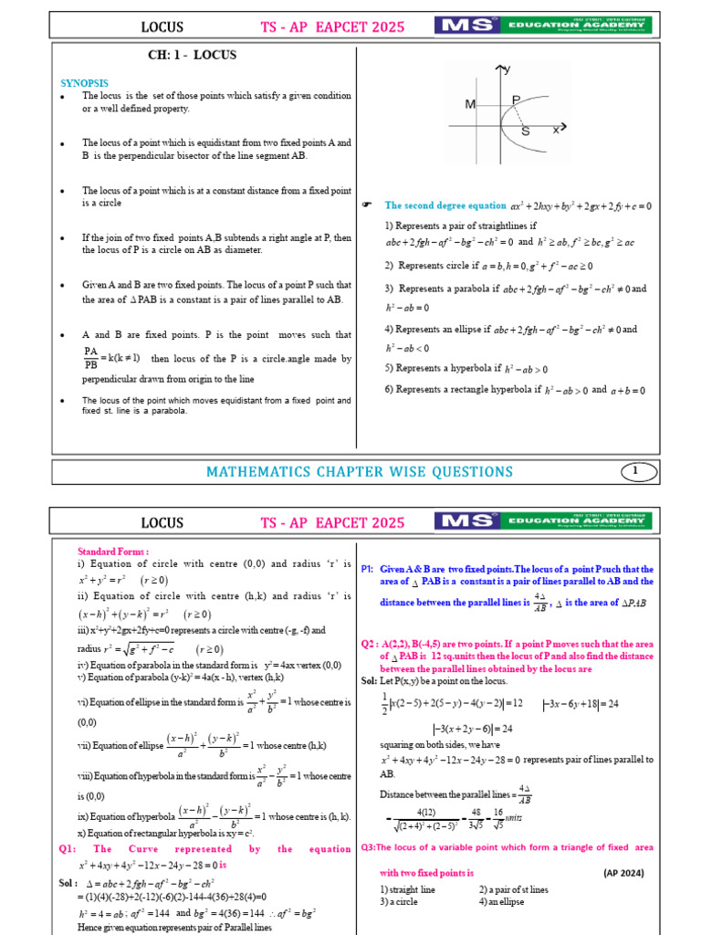 Eapcet Mathematics Chapter Wise Notes & Pyq's Locus | PDF | Circle ...