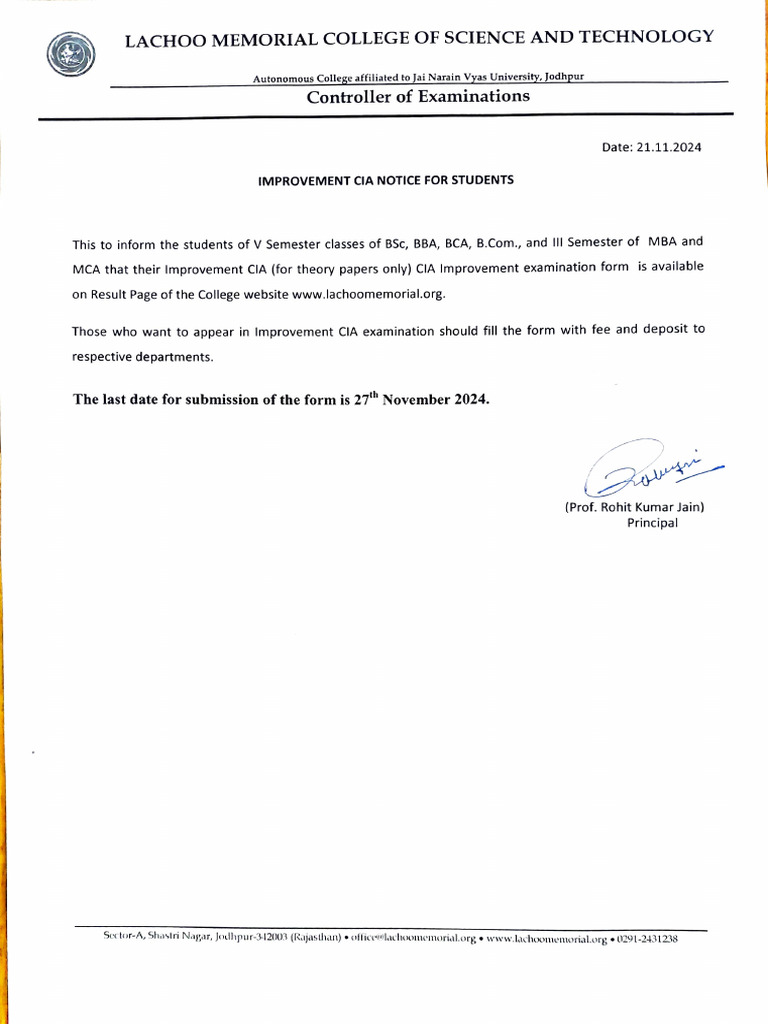 Improvement Cia Notice (V Sem Only) | PDF