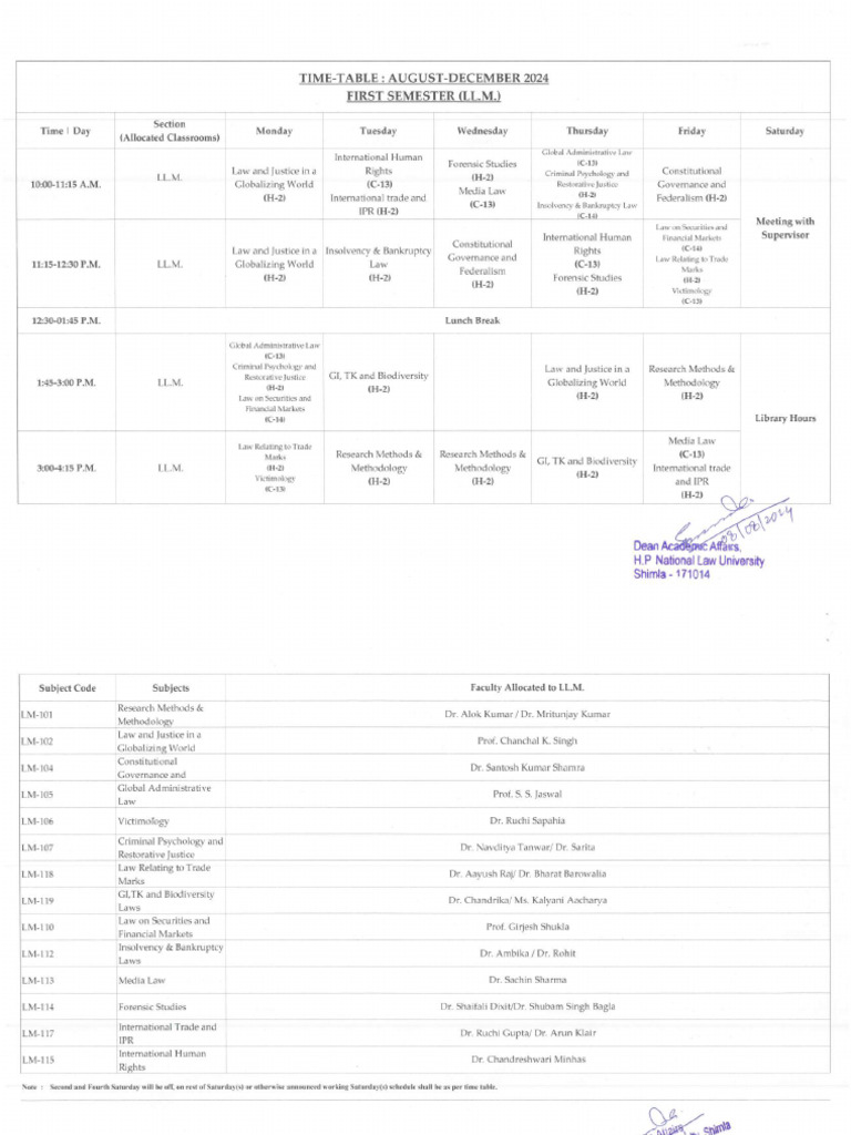 Time Table Aug-Dec 2024 | PDF