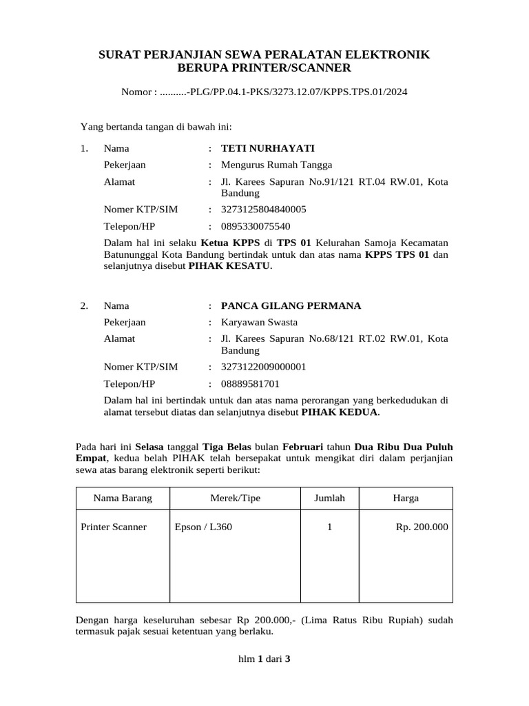 Contoh Perjanjian Sewa Printer-Scanner Pemilu | PDF