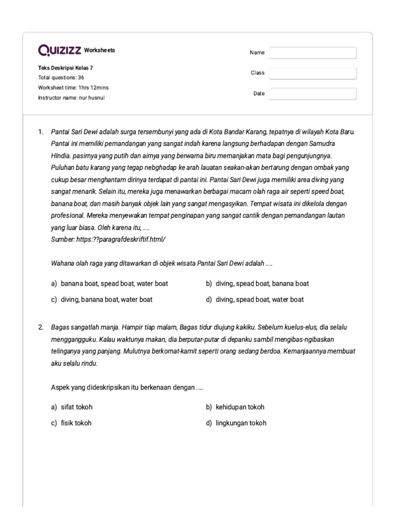 Teks Deskripsi Kelas 7 - Quizizz | PDF