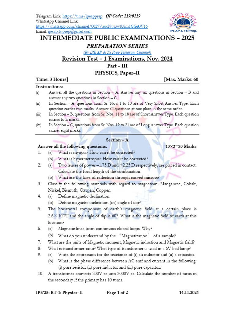 IPE'25 RT-1 Sr. Physics | PDF | Waves | Inductor