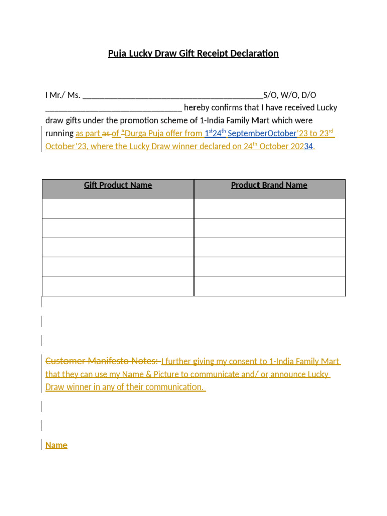 Puja Lucky Draw Gift Receipt Declaration | PDF