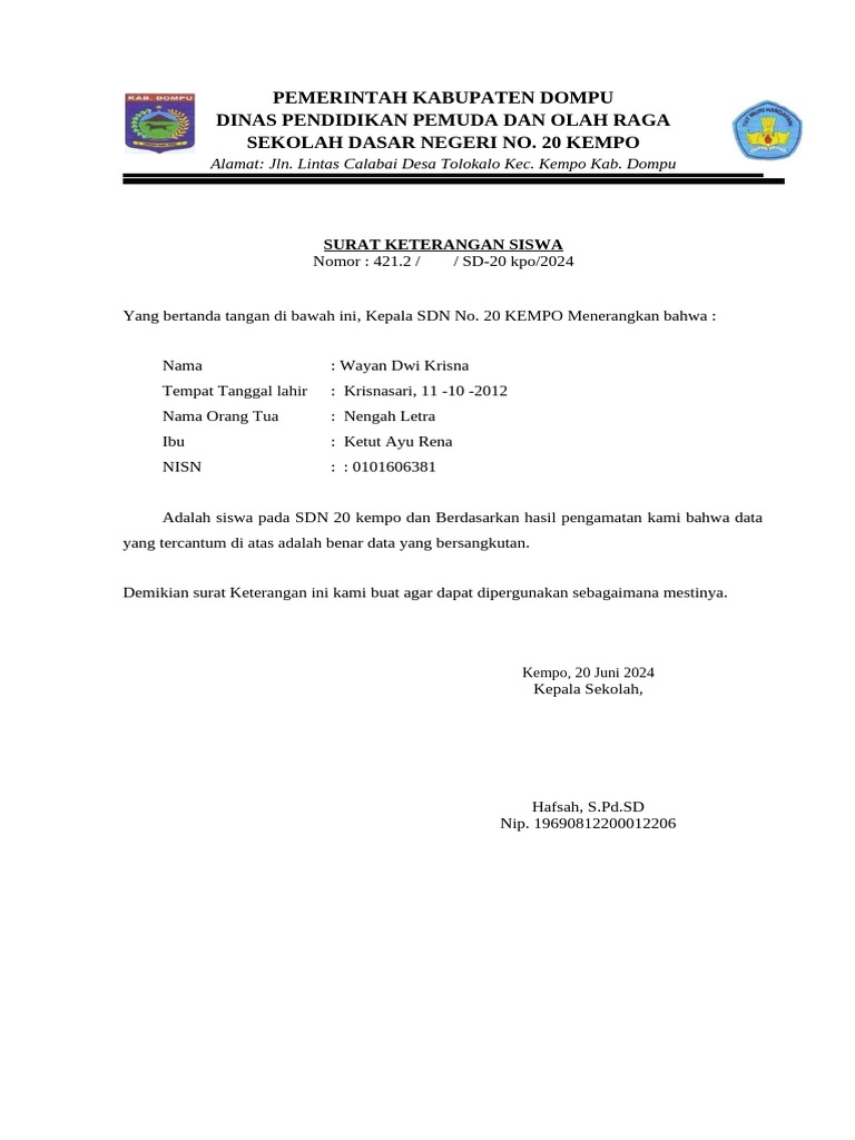 Surat Keterangan Siswa 2024 | PDF
