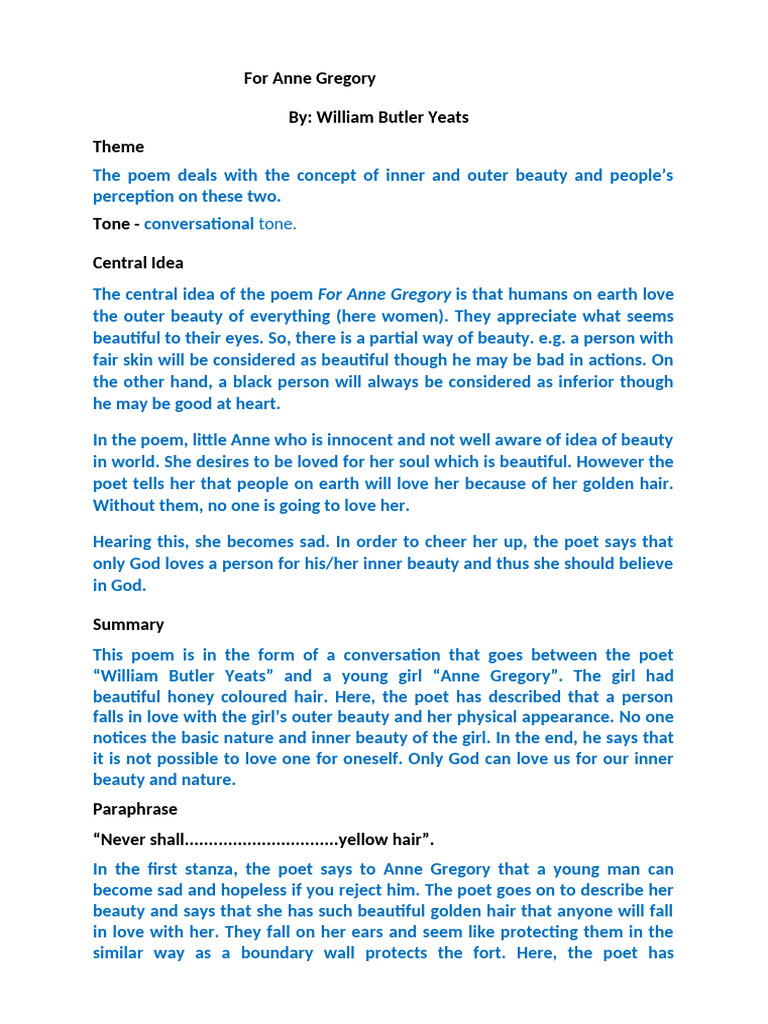 For Anne Gregory | PDF | Poetry | Beauty