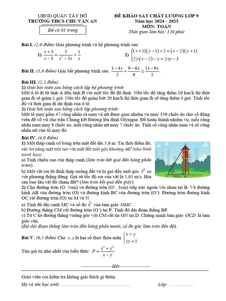 De Khao Sat Toan 9 Nam 2024 2025 Truong Thcs Chu Van An Ha Noi | PDF