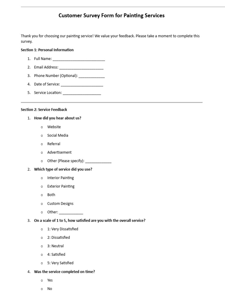 Customer Survey Form For Painting Service1 | PDF