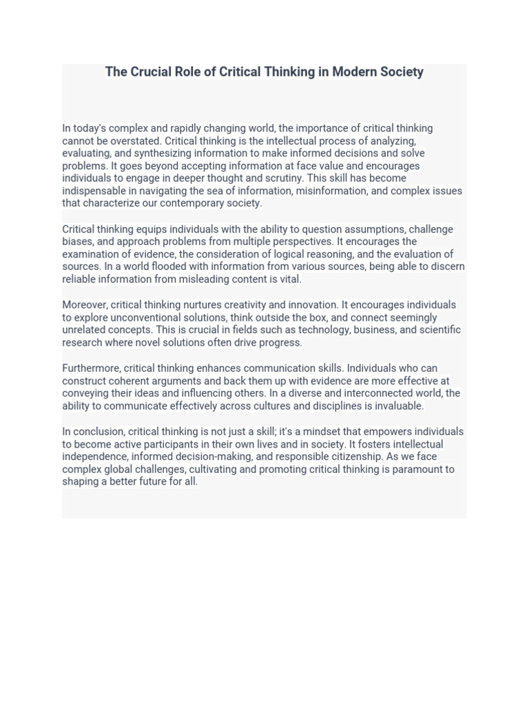 The Crucial Role of Critical Thinking in Modern Society | PDF