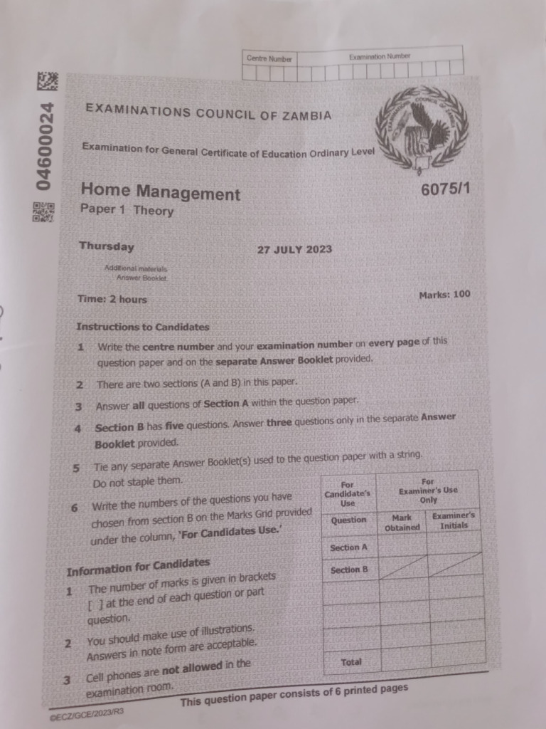 GCE Home Management Exam Paper 2023 | PDF | Meal | Kitchen