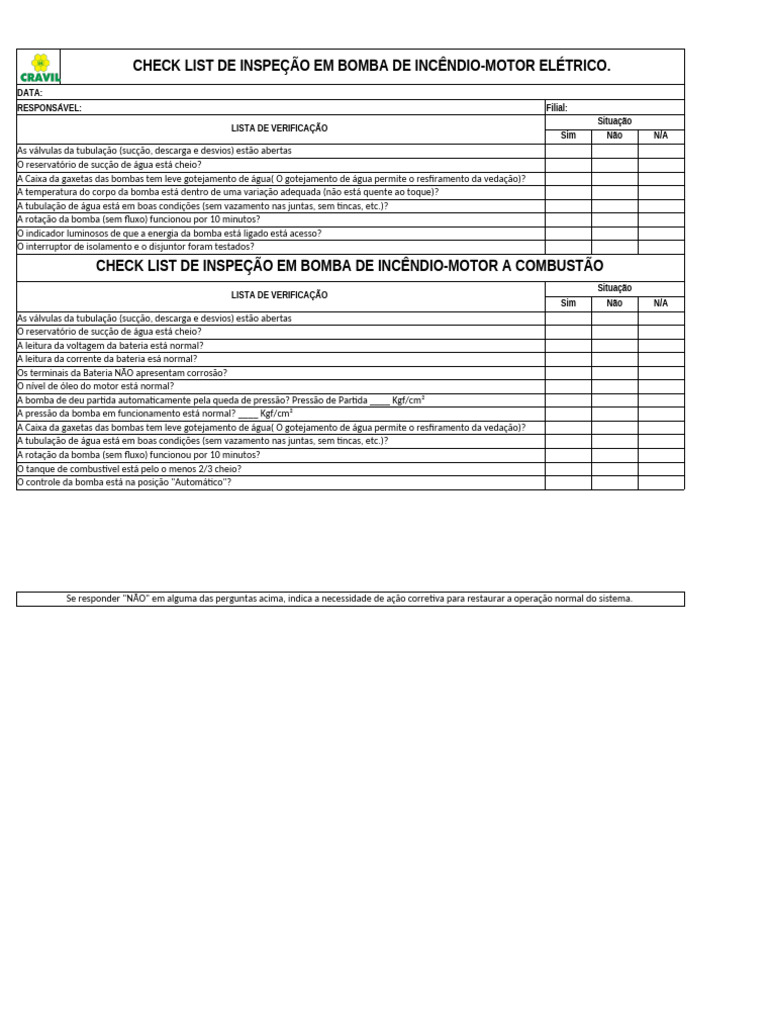 CHECK-LIST BOMBA DE INCENDIO-MOTOR ELÉTRICO e COMBUSTÃO | PDF | Bomba ...