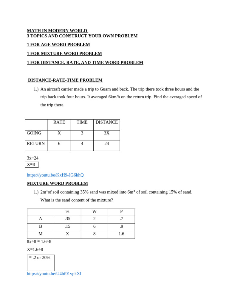 Math Modern World Solving Age Word Problem, Mixture Problem, Distance-Rate-Time Problem | PDF ...