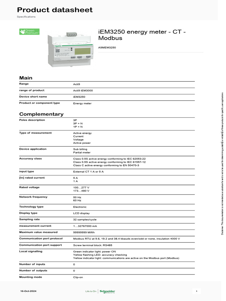 Acti9 iEM3250 Energy Meter Overview | PDF | Electricity | Electronics