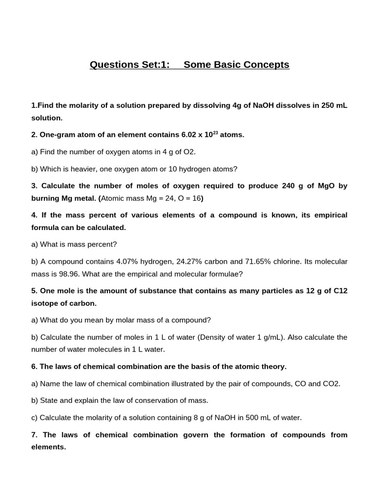 CBSE +1 Chemistry Questions | PDF | Mole (Unit) | Chemical Substances