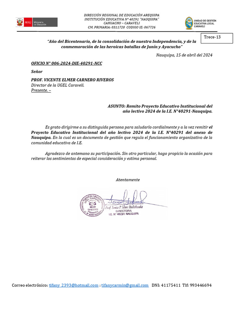 Oficio 006 IE N°40291-Nauquipa PEI | PDF | Maestros | Educación primaria