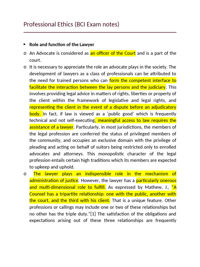 Professional Ethics BCI Notes | PDF | Contempt Of Court | Advocate