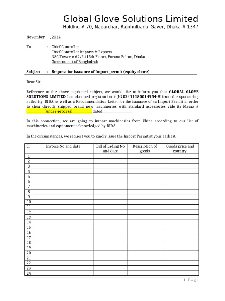 Import Permit Request for Machinery | PDF