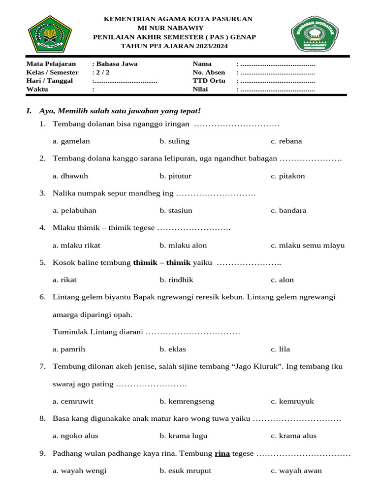 Soal B Jawa KLS 2 | PDF