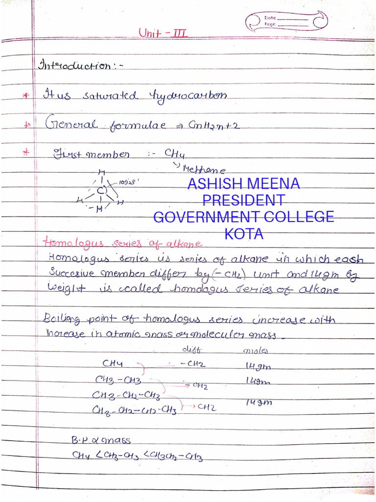 Chemistry Unit-3 Part-A (Alkane) | PDF