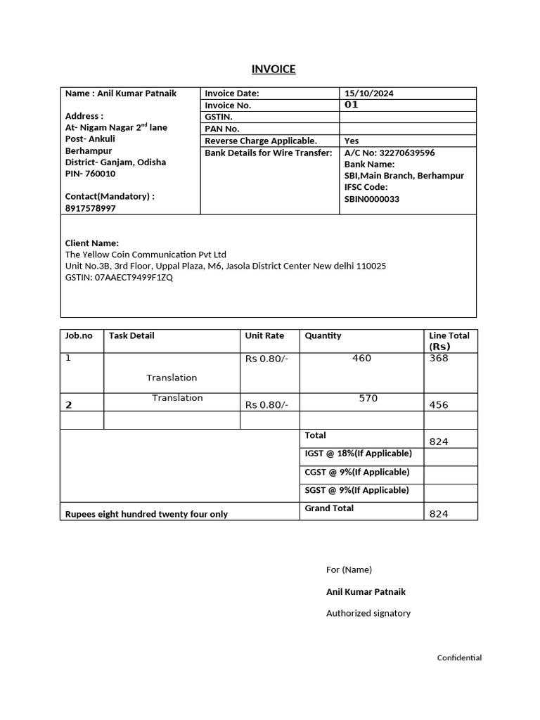 Invoice TYC Anil Kumar Patnaik | PDF