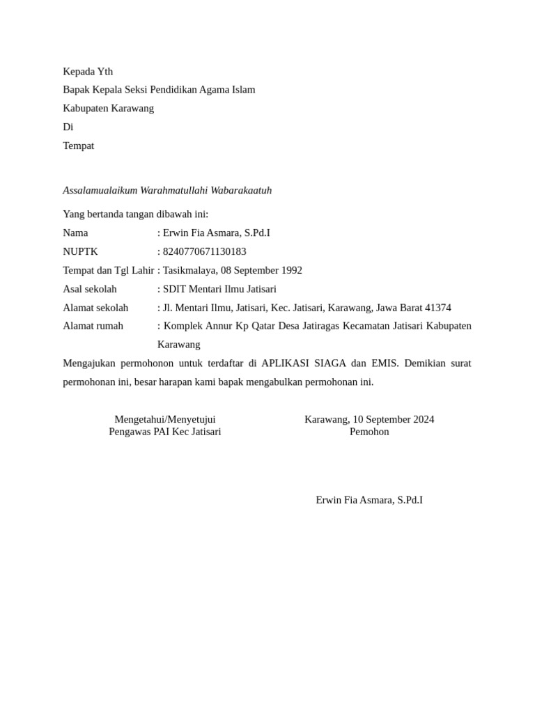 Surat Permohonan Pembuatan Akun SIAGA Dan EMIS | PDF