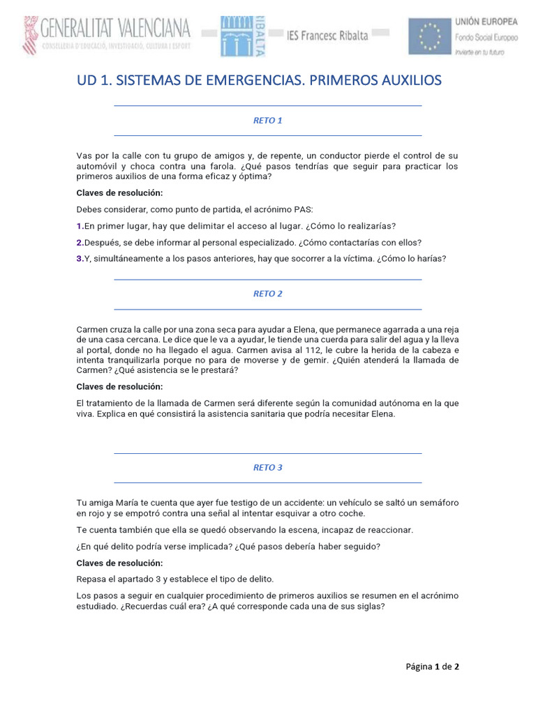 Ud 1. Sistemas de Emergencias. Paux .Tareas | PDF