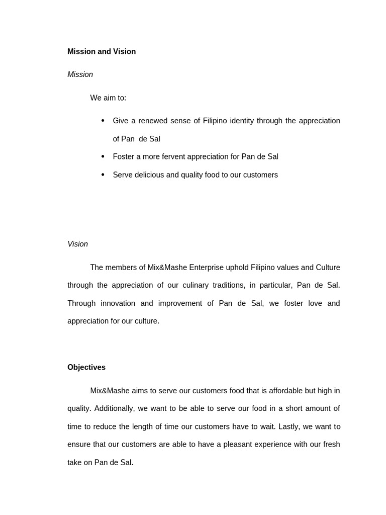 Mission and Vision | PDF | Cuisine | Foods