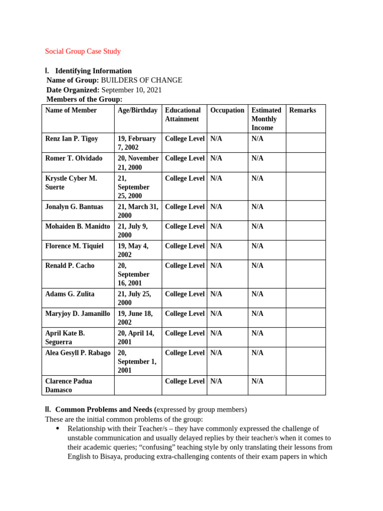 Social Group Case Study SCC | PDF | Self Esteem | Popular Psychology