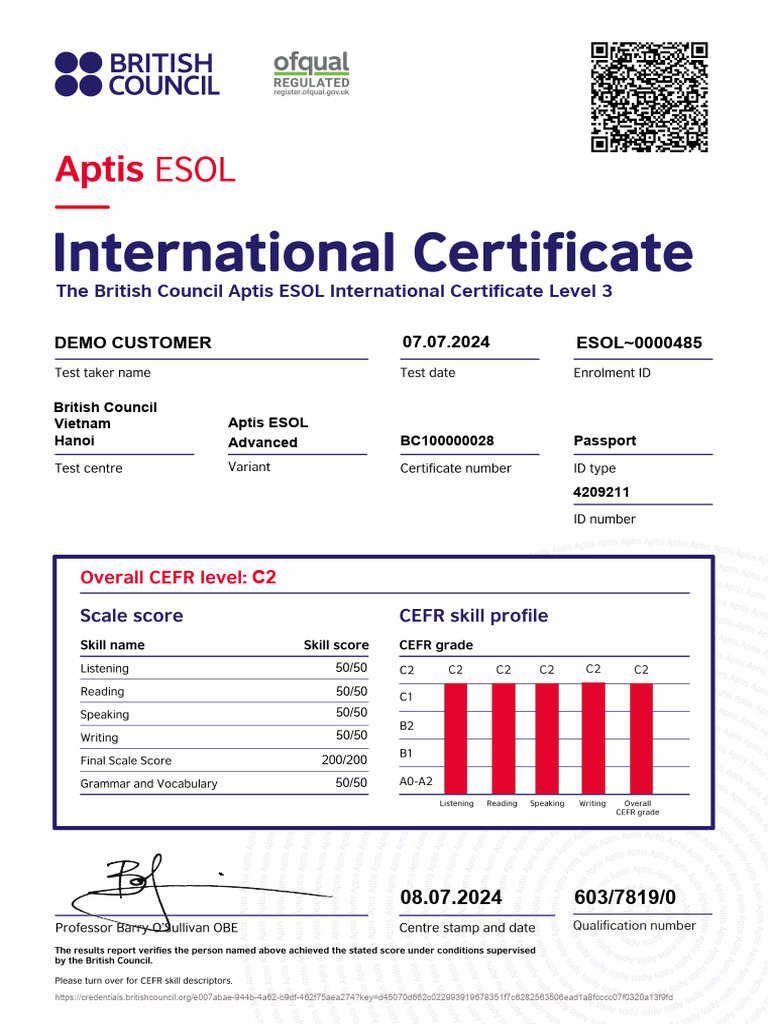 Aptis Esol Advanced - Sample Certificate | PDF | English As A Second Or ...