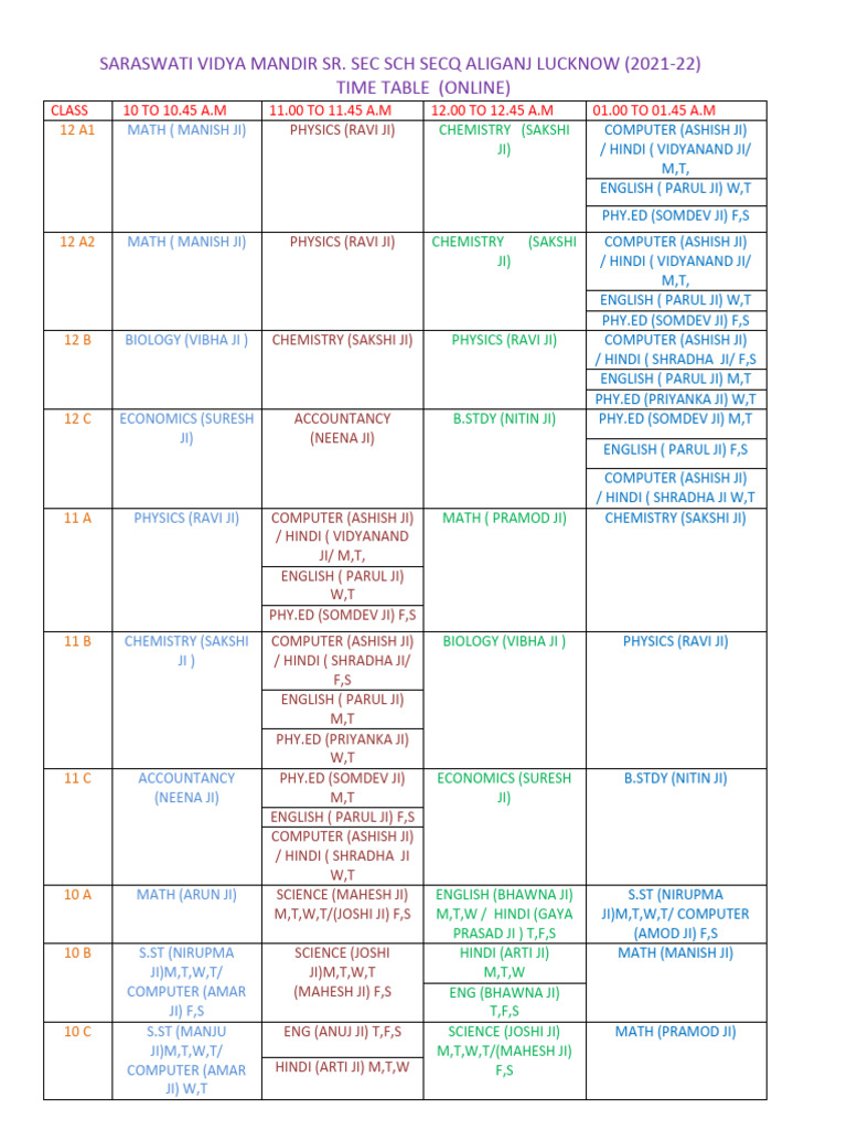 Time Table Teacher | PDF