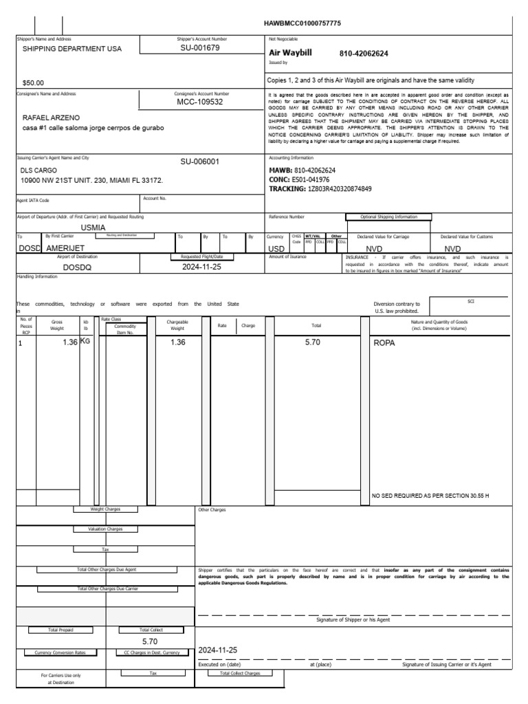 Shipping Department Usa: Air Waybill | PDF