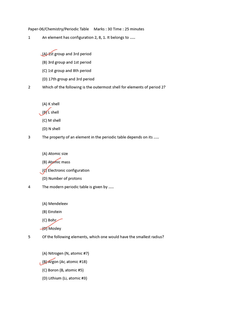 20 Questions on Periodic Table Concepts | PDF | Periodic Table ...