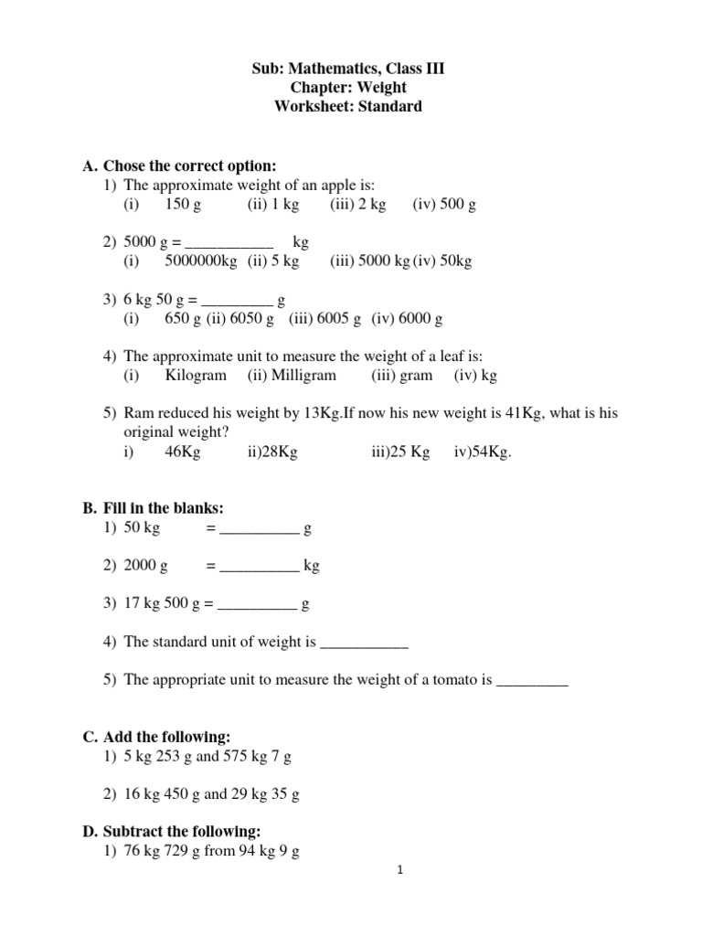Grade 3 Weight Measurement Worksheet | PDF