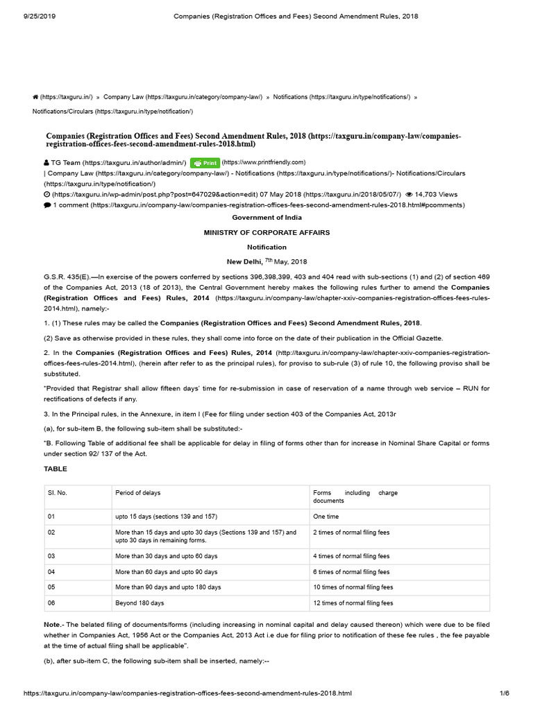 Companies (Registration Offices and Fees) Second Amendment Rules, 2018 | PDF | Taxes | Income Tax