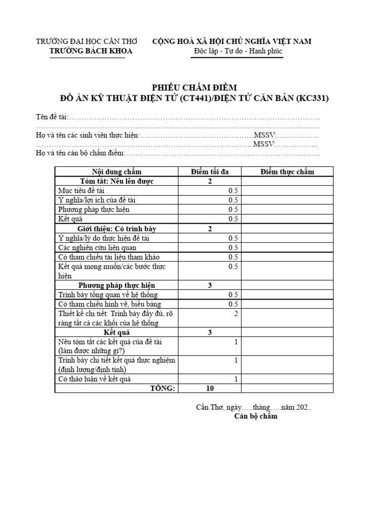 Phieu Cham Diem Nienluan, Do An | PDF