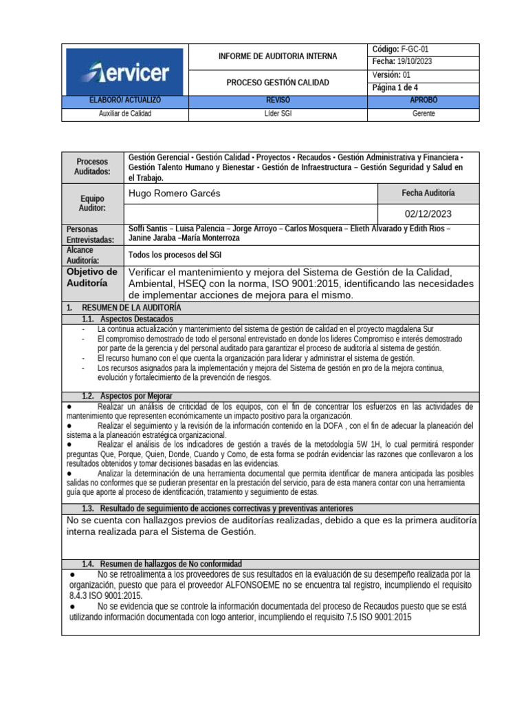 F-GC-01 - Ver 01 - Informe de Auditoria Calidad ISO 9001 AÑO - 2023 ...