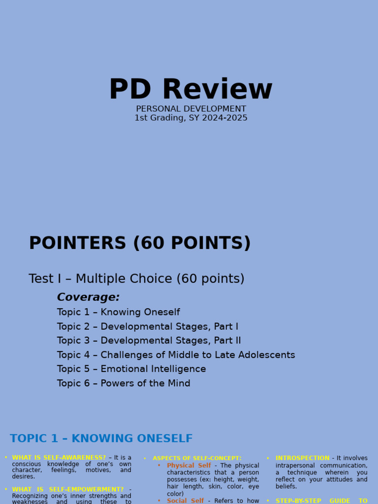 PD REVIEW Session - 1st Grading - PD | PDF | Stress (Biology) | Emotions