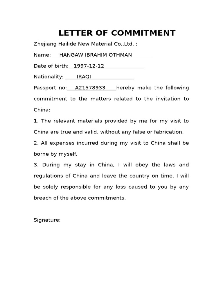 Letter of Commitment - Hangaw Ibrahim Othman | PDF